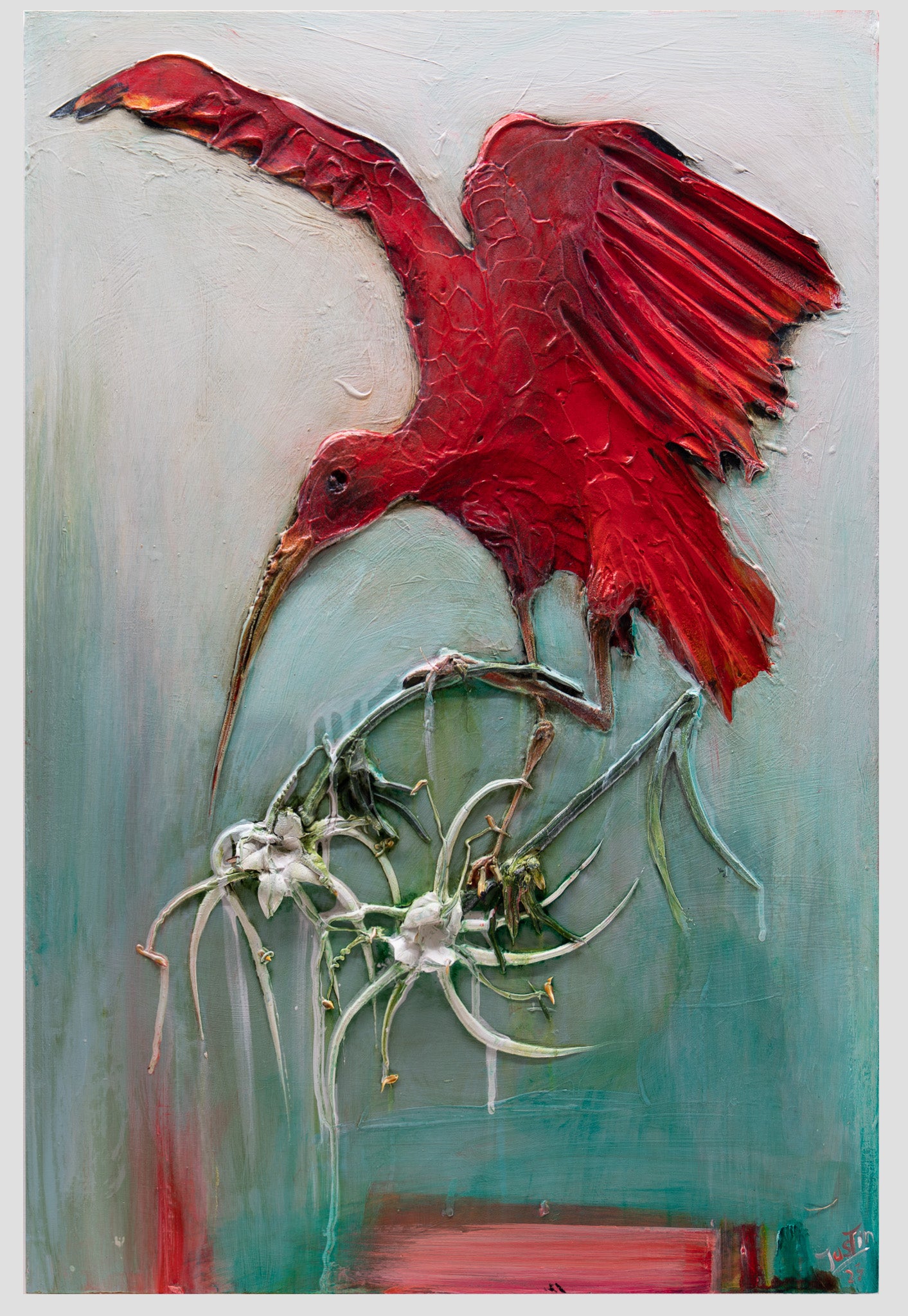 Ikebana Scarlet Ibis with Spider Lillies, 24x36 – Justin Gaffrey
